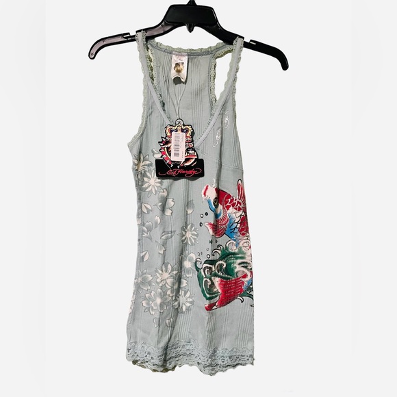 Ed Hardy | Tops | Ed Hardy Vintage Silver Koi Fish Lace Trim Tank Top ...